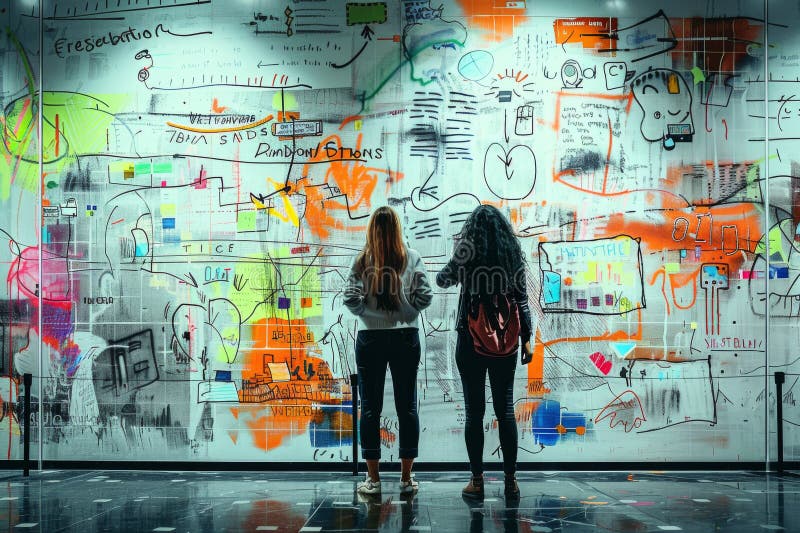Two People Viewing a Vibrant Graffiti Wall Stock Illustration ...