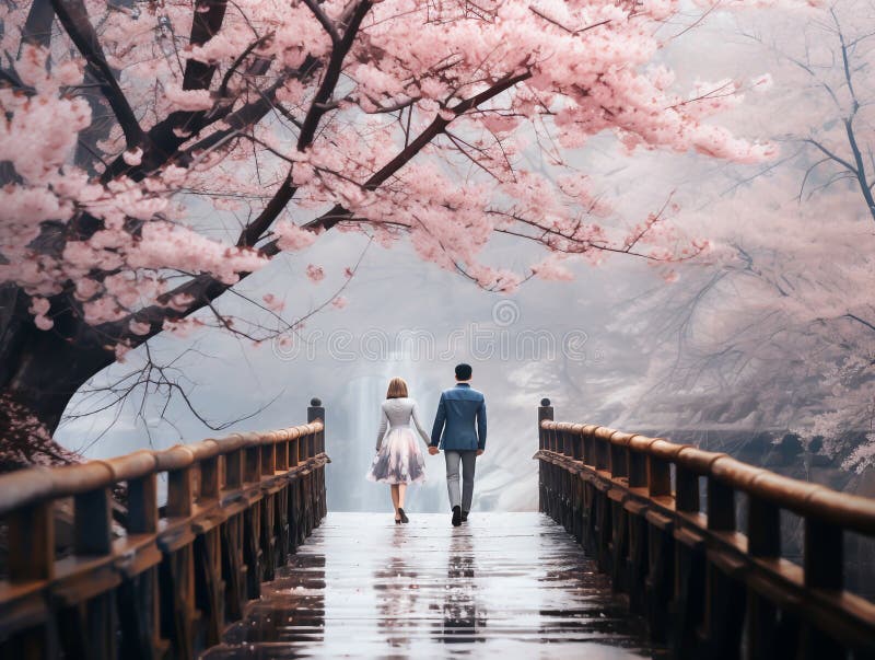 Two People Walk Across the Bridge Under a Large Cherry Blossom Stock ...