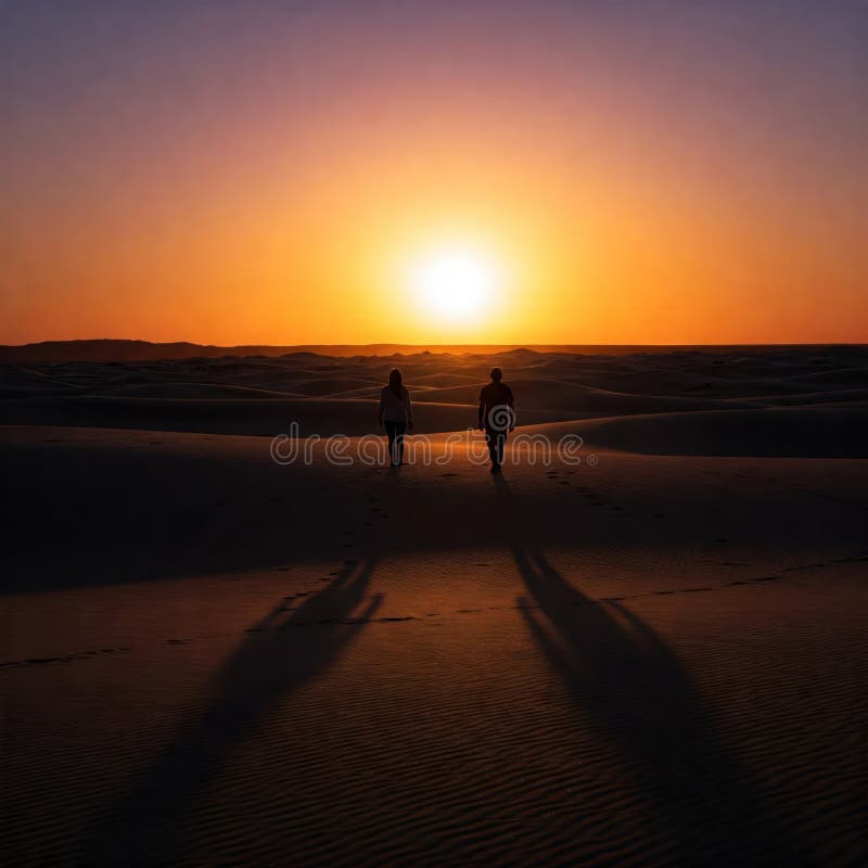 Two People Walk Desert Towards Sunset Stock Photos - Free & Royalty ...
