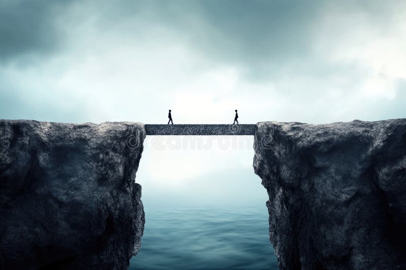 Two People Walking Across a Suspended Stone Bridge between Cliffs Over ...