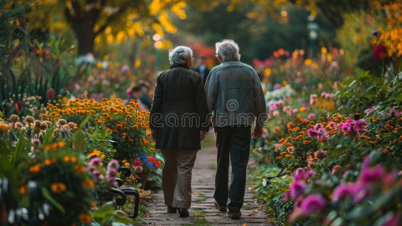 Two People Walking Along Flower-Lined Path Stock Image - Image of ...