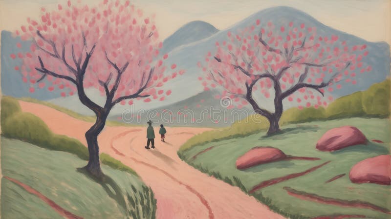 Two People Walking Along a Path between Blossoming Trees in a Tranquil ...