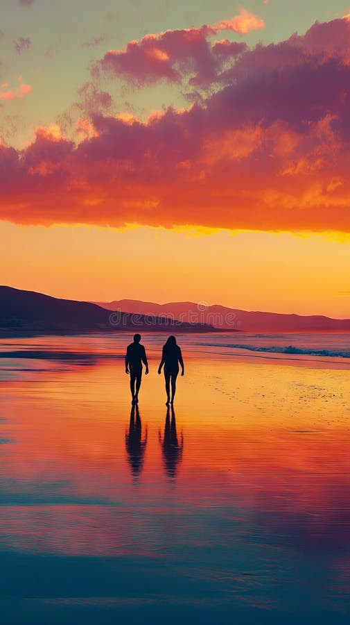 Two People Walking on the Beach at Sunset Stock Image - Image of ...