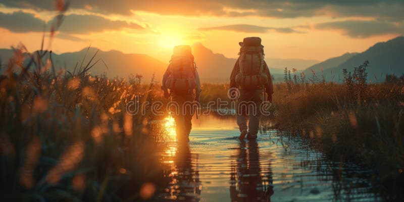 Two People Walking in a Beautiful Marsh at Sunset Stock Photo - Image ...
