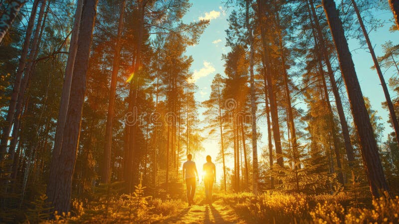 Two People Walking in a Forest with the Sun Shining Stock Image - Image ...