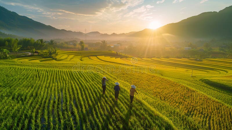 Two People Walking through a Rice Field at Sunrise Stock Photo - Image ...
