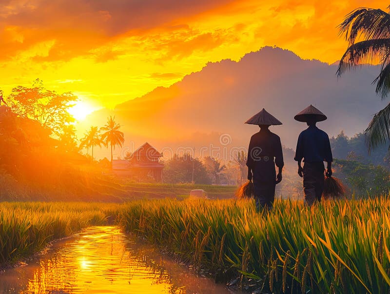 Two People Walking through a Rice Field at Sunset Stock Illustration ...