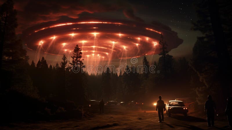 Two People Walking Towards an Object in the Dark Night Sky Stock ...