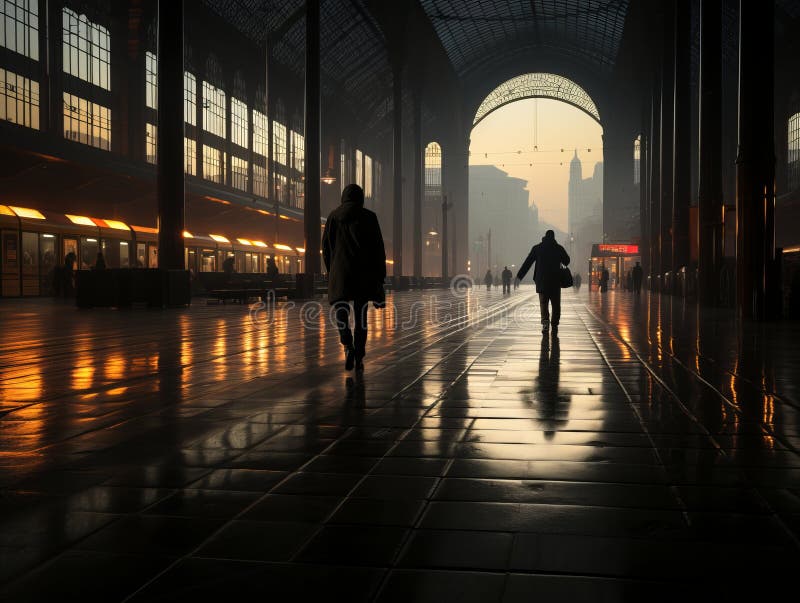 Two People Walking in a Train Station at Dusk Stock Illustration ...