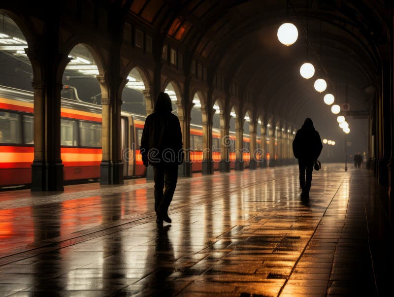Two People Walking in a Train Station at Night Stock Illustration ...