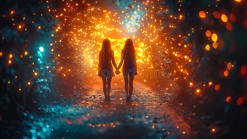 Two People Walking through a Tunnel with Lights Stock Photo - Image of ...