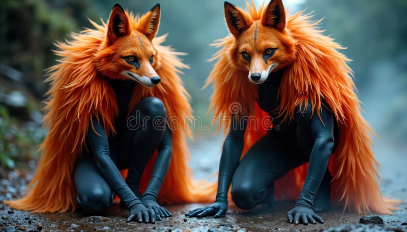 Two People Wearing Fox Costumes, Masks Crouch on Forest Path. Pose ...