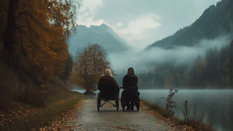 Two People in Wheelchairs Sitting on a Path Next To the Water, AI Stock ...