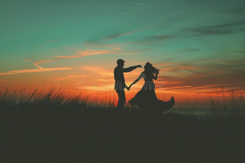 Two People Who are Dancing at Sunset, in the Style of Cute and Dreamy ...