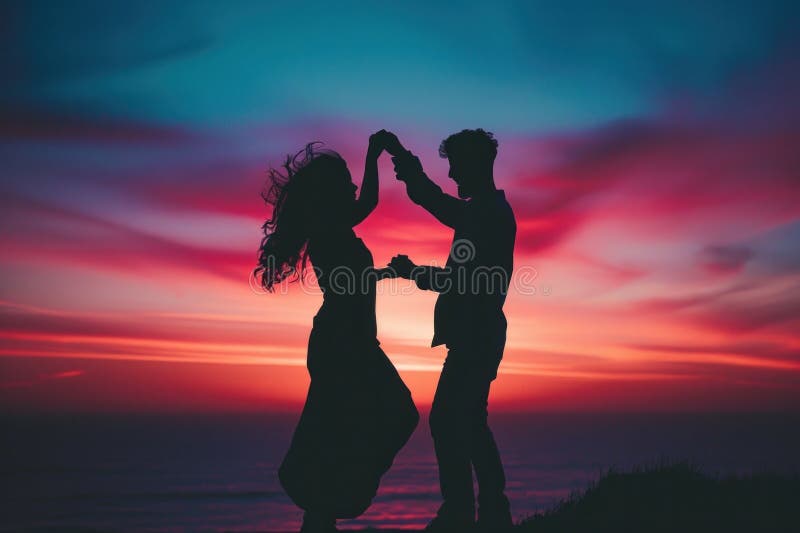 Two People Who are Dancing at Sunset, in the Style of Cute and Dreamy ...