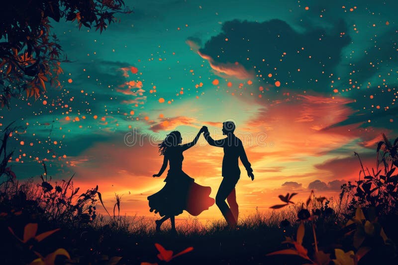 Two People Who are Dancing at Sunset, in the Style of Cute and Dreamy ...