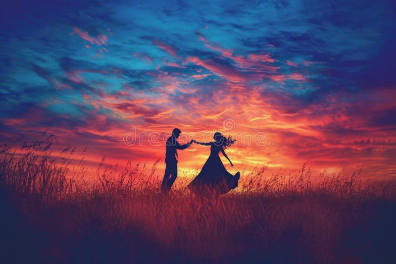 Two People Who are Dancing at Sunset, in the Style of Cute and Dreamy ...