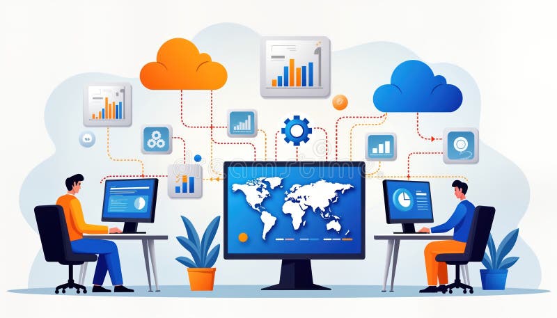 Two People Work on Computers Connected To Global Cloud System. Business ...