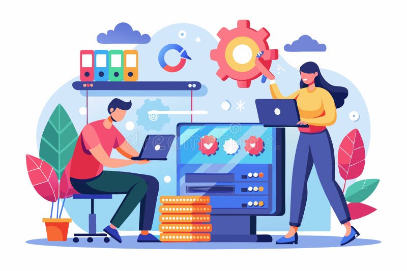 Two People Work Together To Resolve a Network Error in a Contemporary ...