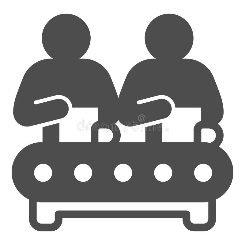 Two People Working at Conveyor with Boxes Solid Icon, Manufacturing ...