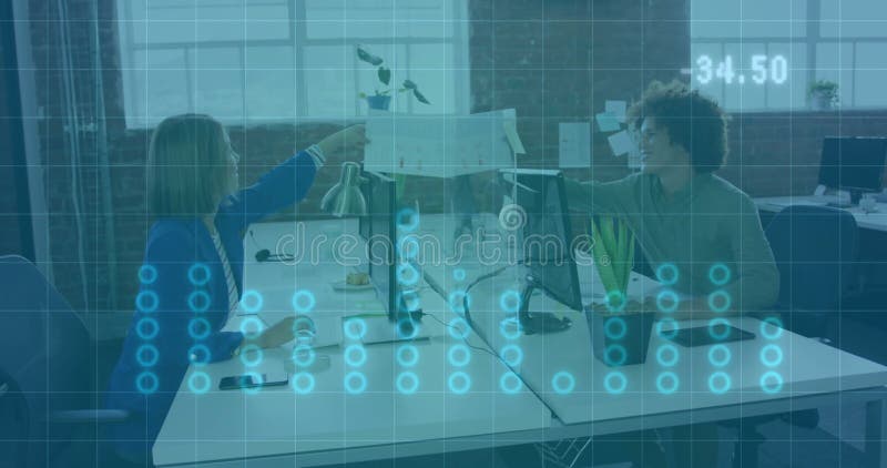 Two People Working at Desks with Digital Data Animation Overlay Stock ...