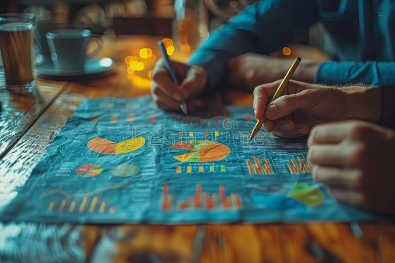 Two People are Working on a Graph on a Wooden Table at Office Stock ...