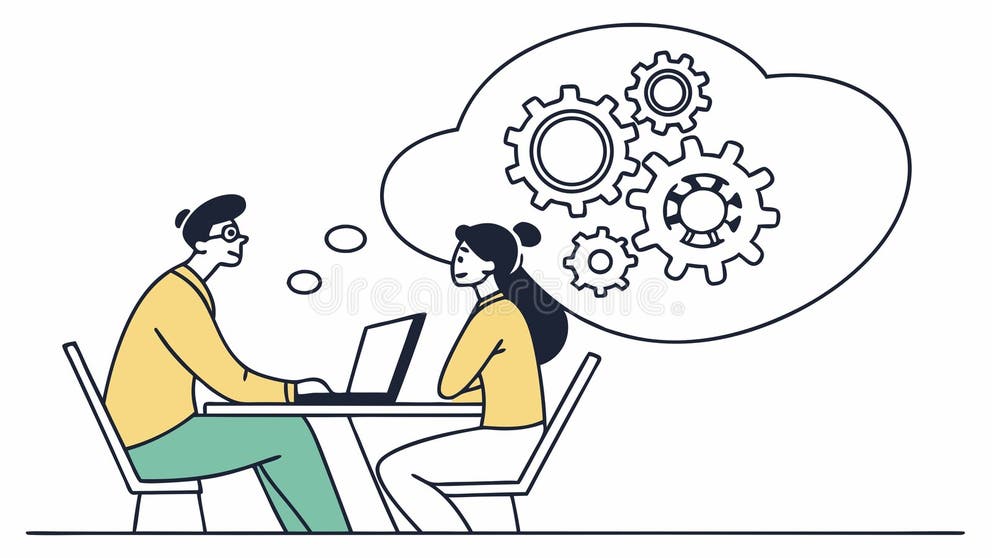 Two People Working with Laptop, Ideas and Gears, Collaborative Thinking, Vector Design ...