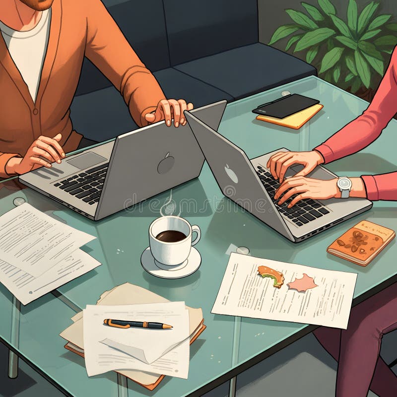 Two People Working on Laptops with Papers, Coffee Cup, and Pen – AI ...