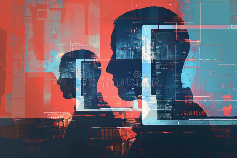 Two People Working Together in Front of Computer Screen, Abstract ...