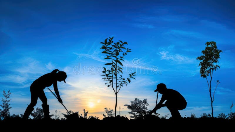 Two People are Working Together To Plant a Tree Stock Illustration ...