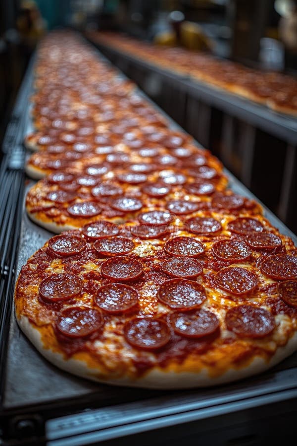 Two Pepperoni Pizzas on a Conveyor Belt, Ready for Delivery Stock Photo ...