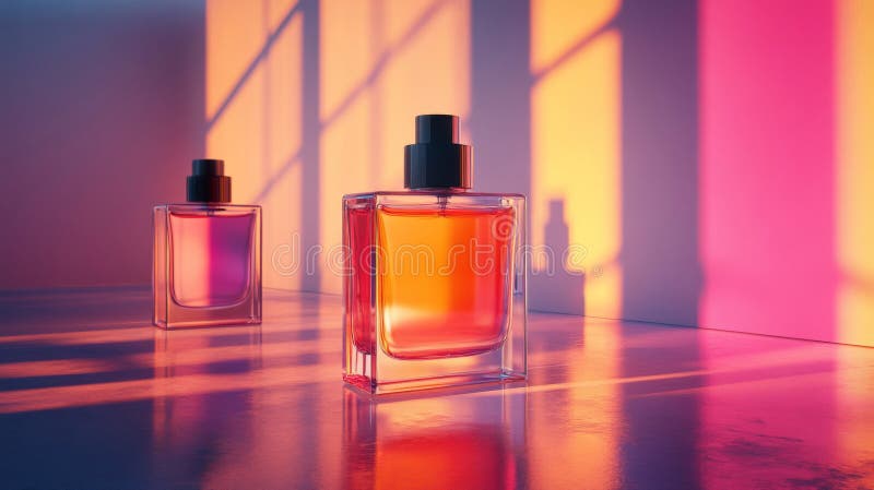 Two Perfume Bottles in a Room with Colorful Lighting Stock Illustration ...