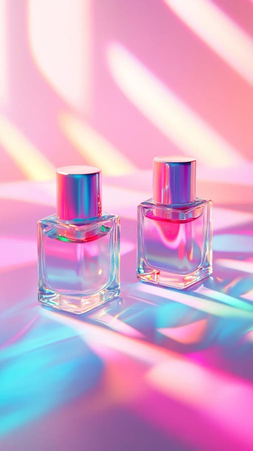 Two Perfume Bottles are Sitting on a Table, One of Which is Pink Stock ...