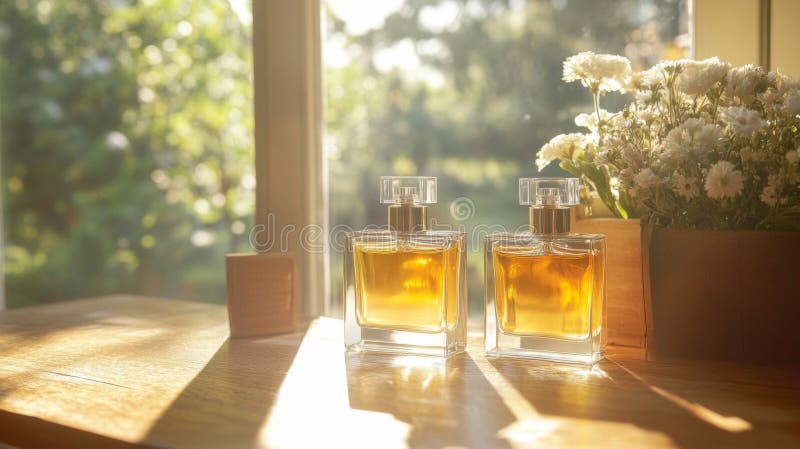 Two Perfume Bottles on a Wooden Table in Sunlight Stock Illustration ...