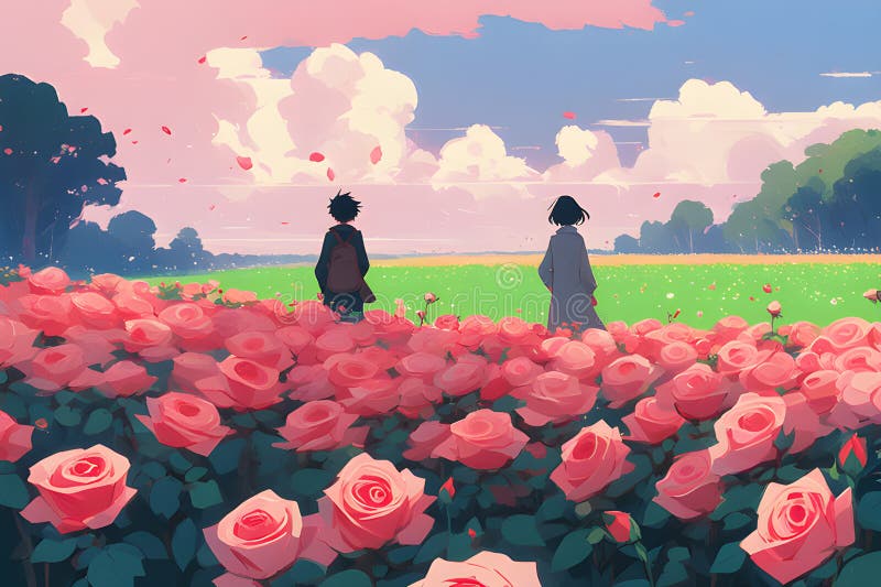 Two Person in the Roses Field.generative Ai Illustration Stock ...