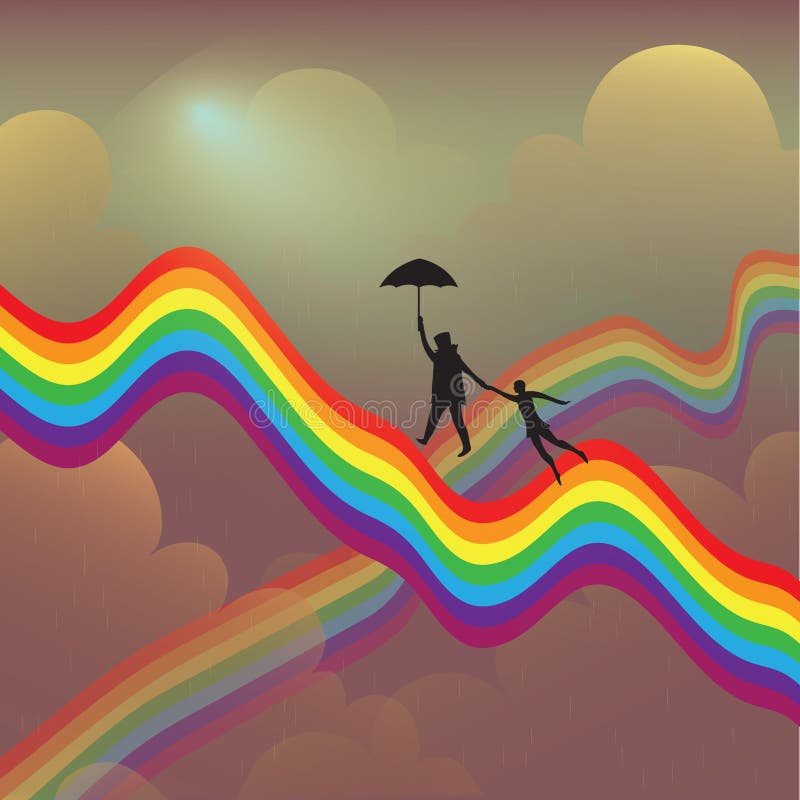 Two Persons Flying on Rainbow. Vector Illustration Decorative Design ...
