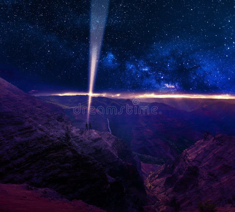 Two Persons Sending a Light Beam Signal into Outer Space. Concept for ...