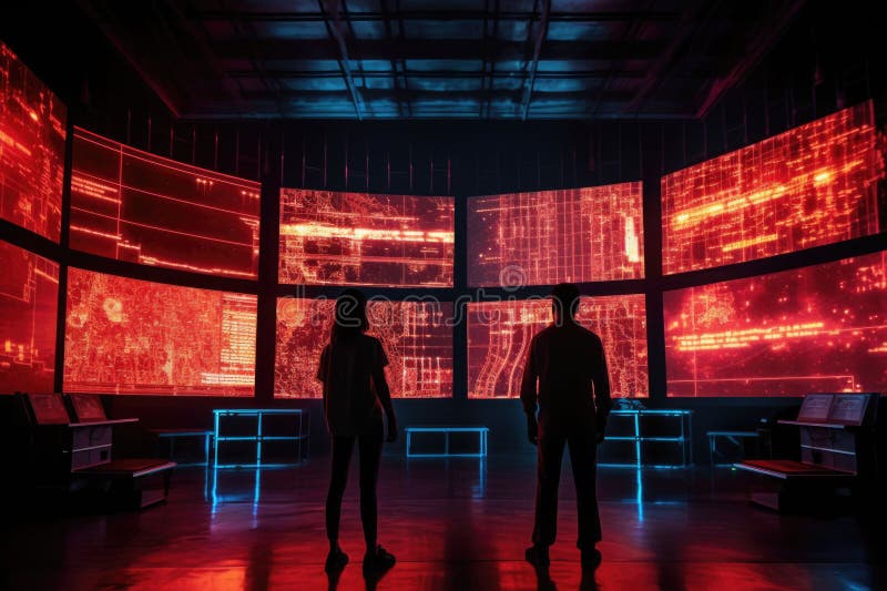 Two Persons Standing in Front of Glowing Monitors. Data Charts and ...