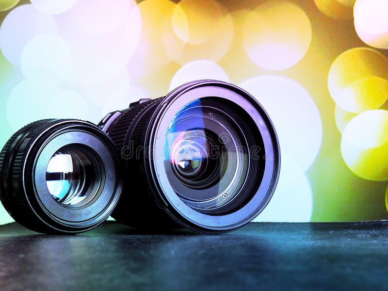 Two Photo Lens Front View on Blurred Background in Neon Toning with ...