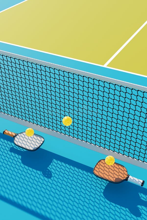 Two Pickleball Rackets Hit Balls Against a Net on the Court. Stock ...