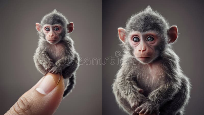 Two Pictures of a Baby Monkey Sitting on the Finger, AI Stock Image ...