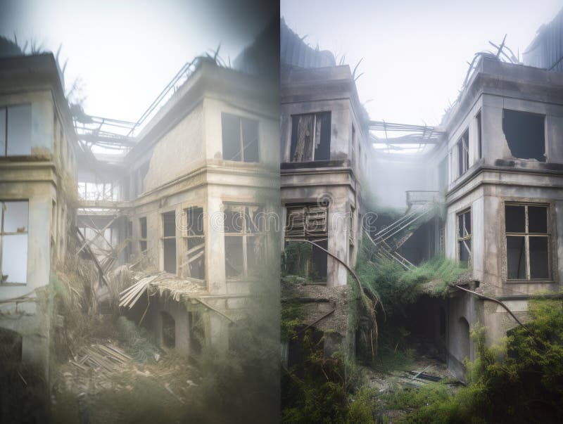 Two Pictures of a Run Down Building with Windows. AI Generative Image ...