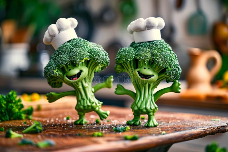 Two Pieces of Broccoli with Chef Hats on Cutting Board. Generative AI ...