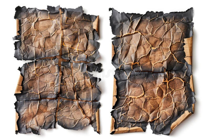 Two Pieces of Burnt Paper Lie Flat on a White Surface, with a Hint of ...