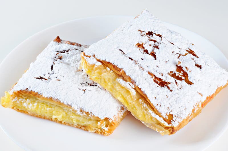 Two Pieces of Cheese Pie on a Plate, White Background Stock Photo ...