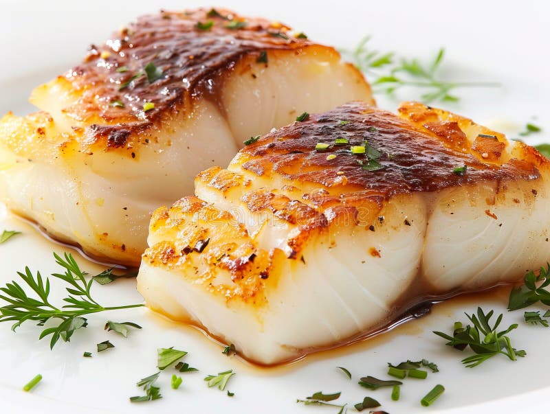 Two Pieces of Fish are Arranged on a White Plate Stock Photo - Image of ...