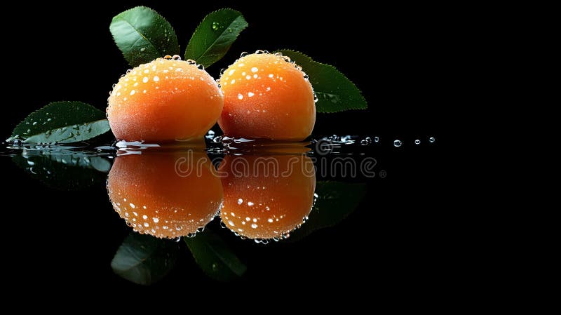 Two Pieces of Fruit Lie on a Table Next To a Leaf and Water Droplets on ...