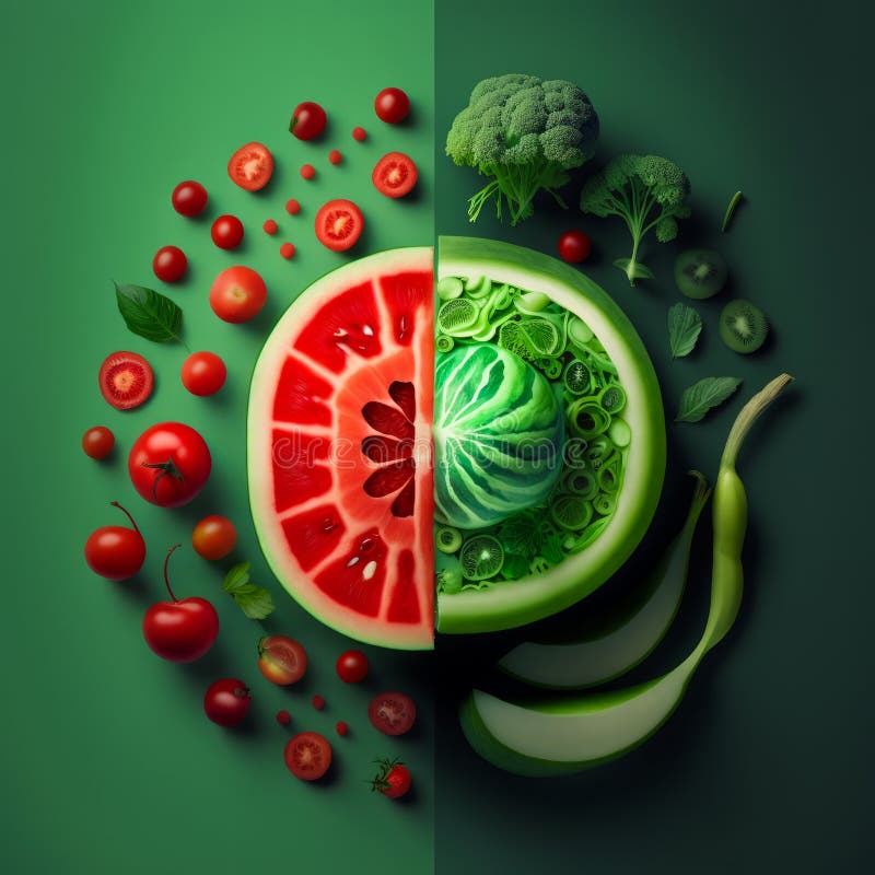 Two Pieces of Fruit and Vegetables on Green Background. Generative AI ...