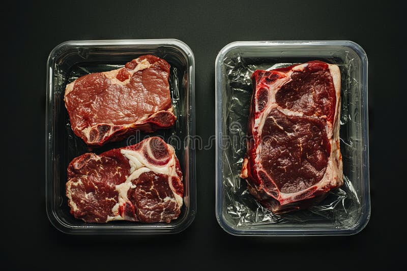 Two Pieces of Meat in Plastic Containers on a Black Surface Stock Photo ...