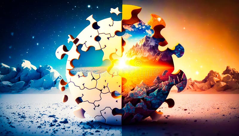 Two Pieces of Puzzle with the Sun in the Middle. Generative AI Stock ...